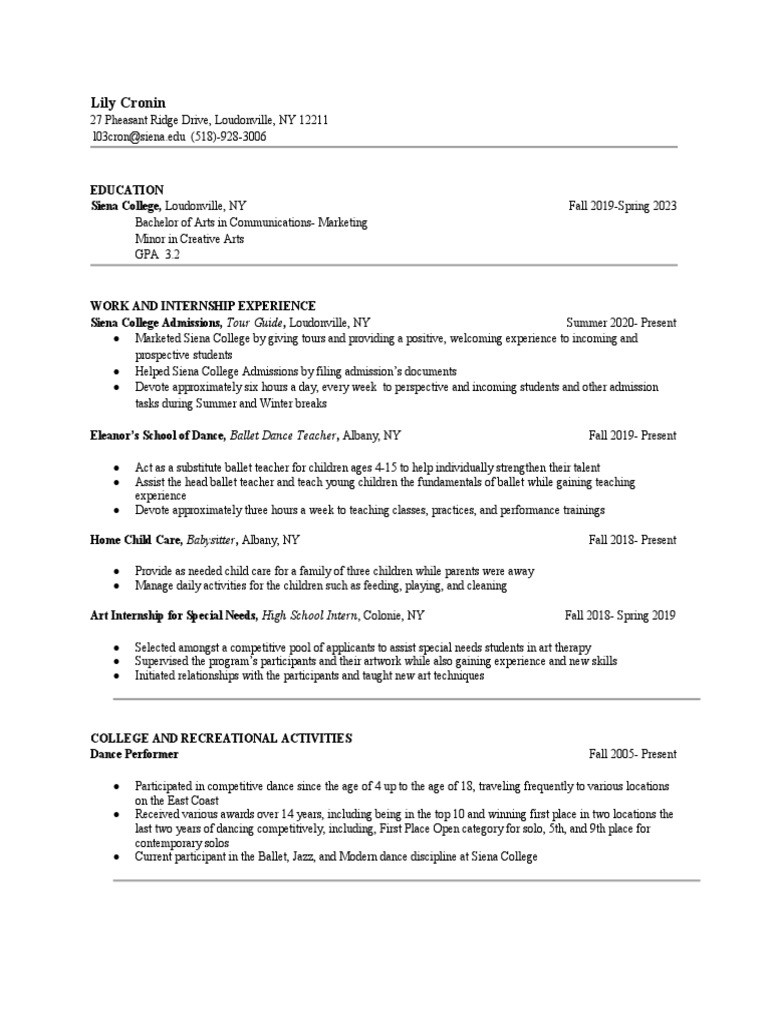 Lily Cronin Resume 1 | PDF | Dances | Teachers