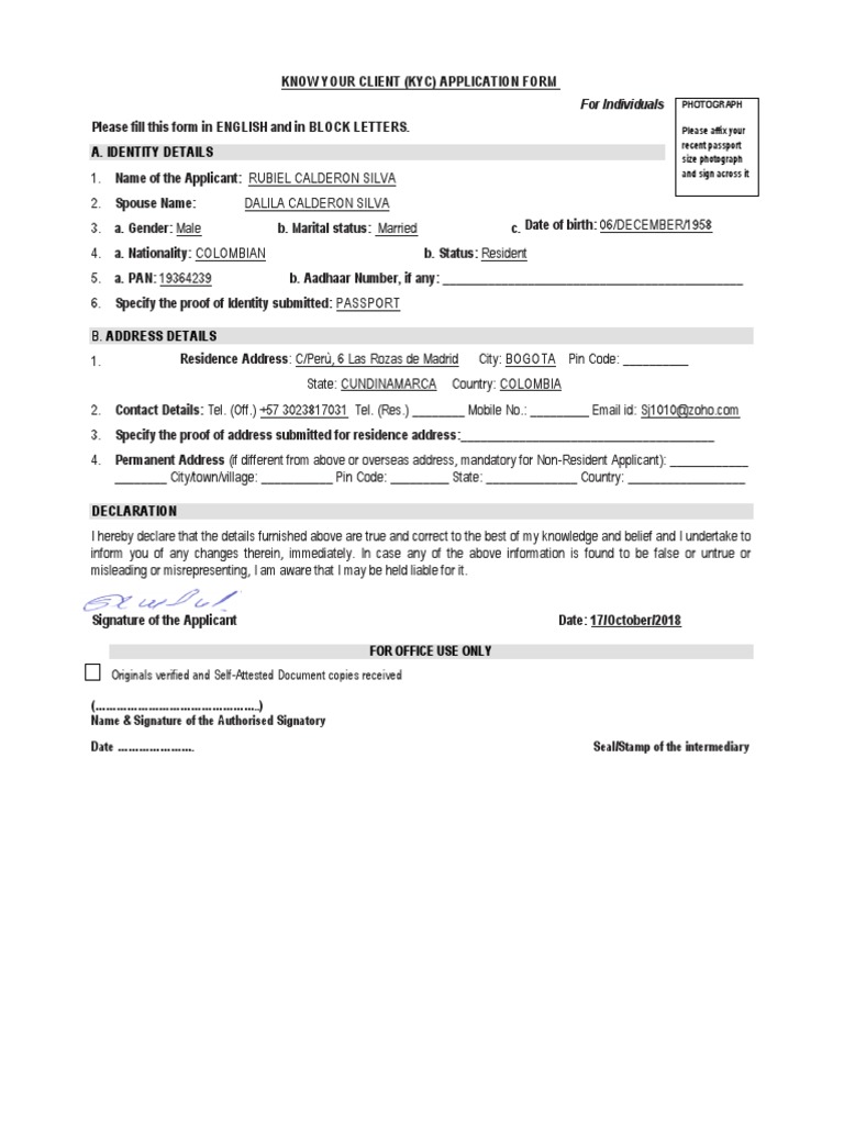 Know Your Client Application for Individuals: Form for Rubiel Calderon ...