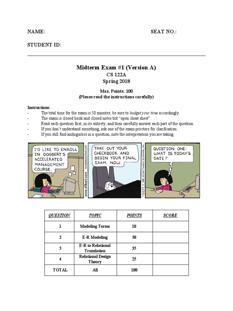 Midterm Exam #1 (Version A) : Name: Seat No.: Student Id | Download Free PDF | Databases ...