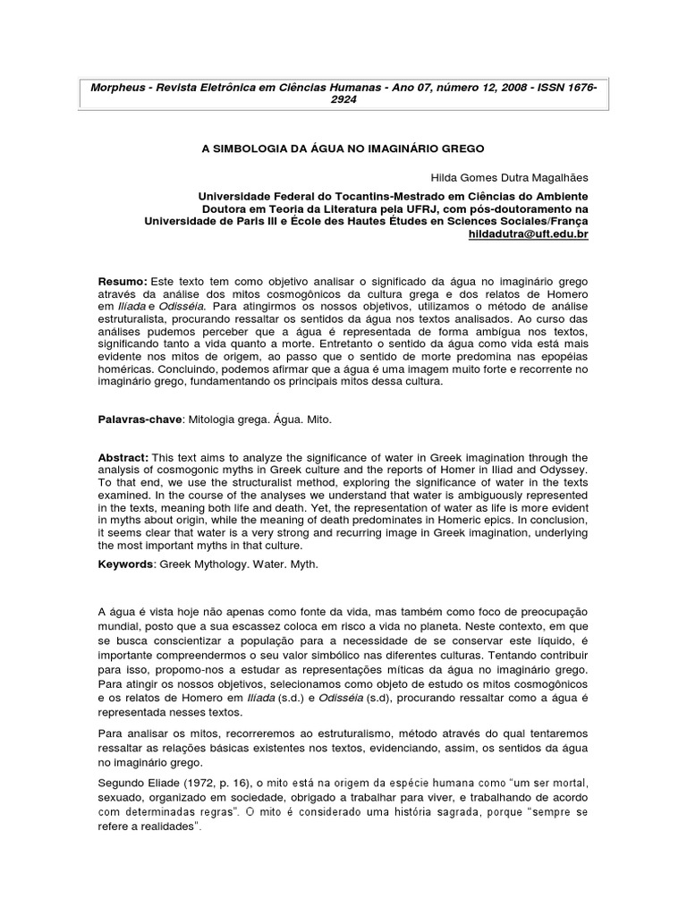 Simbologia da Água na Mitologia Grega | PDF | Mitologia grega | Ulisses