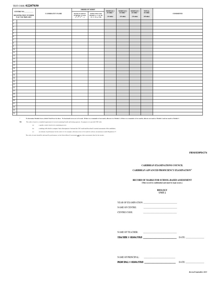 CAPE Biology SBARecordofMarks Unit2 | PDF | Test (Assessment ...