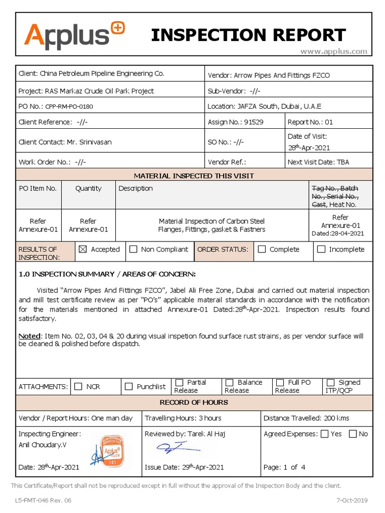 Inspection Report: CPP-RM-PO-0180 | Download Free PDF | Calibration ...