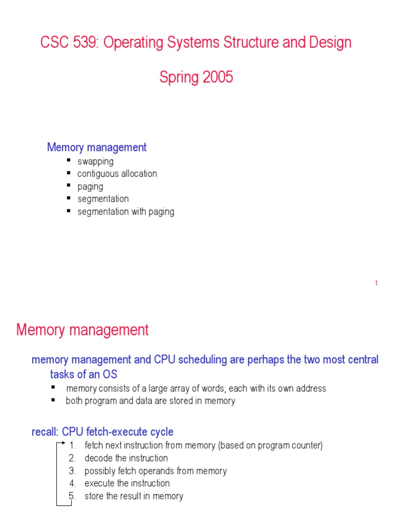 Csc 539 Operating Systems Structure And Design Spring 2005 Memory Management Pdf Process