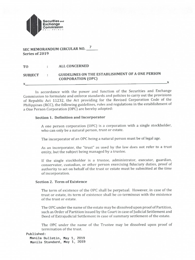 2019 SEC Memorandum Circular No. 7 - Guidelines On The Establishment of ...