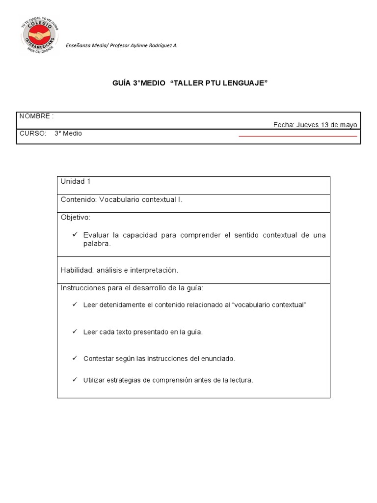 Guía PTU LENGUAJE 3° MEDIO (Jueves 13 de Mayo) | PDF | Palabra | Science