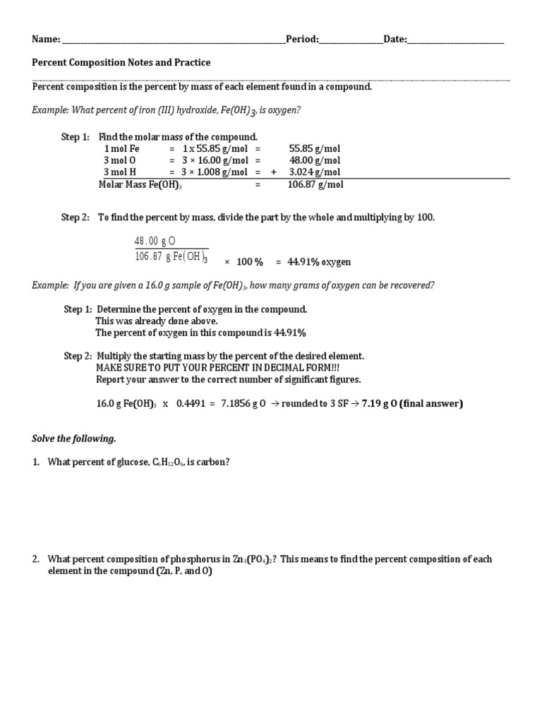 Molar Mass and Percent Composition Practice WS | PDF
