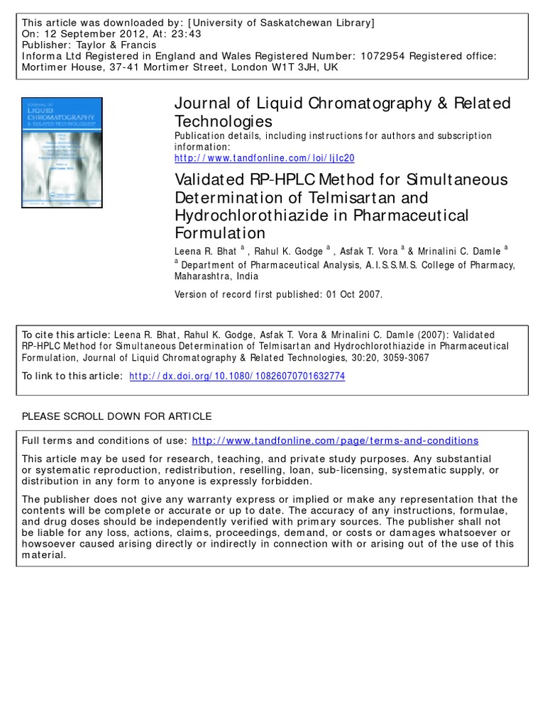 Journal of Liquid Chromatography & Related Technologies: HPLC Method ...