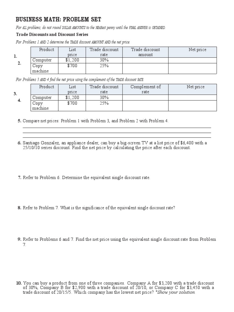 BUSINESS MATH-Trade Discount and Discount Series | PDF | Business