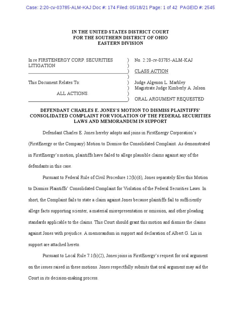 Former FirstEnergy CEO Chuck Jones' Motion To Dismiss | PDF | Federal ...