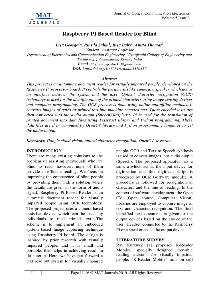 (11-16) RASPBERRY PI BASED READER FOR BLIND-format | PDF | Optical ...
