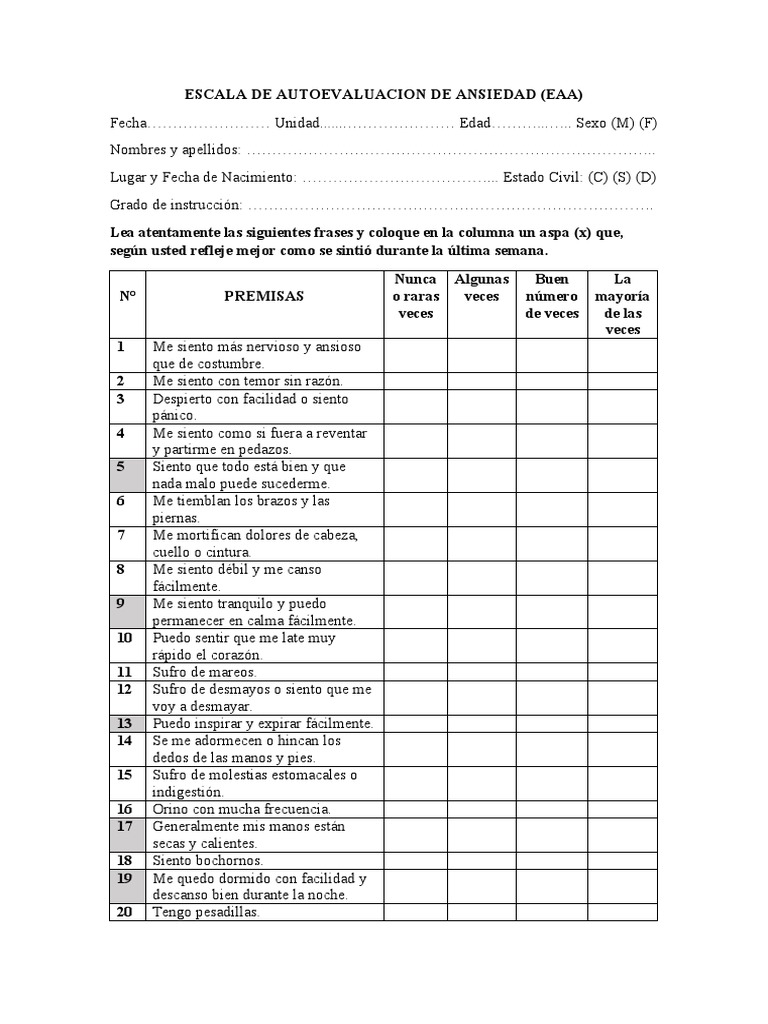 Escala de Autoevaluacion de Ansiedad | PDF