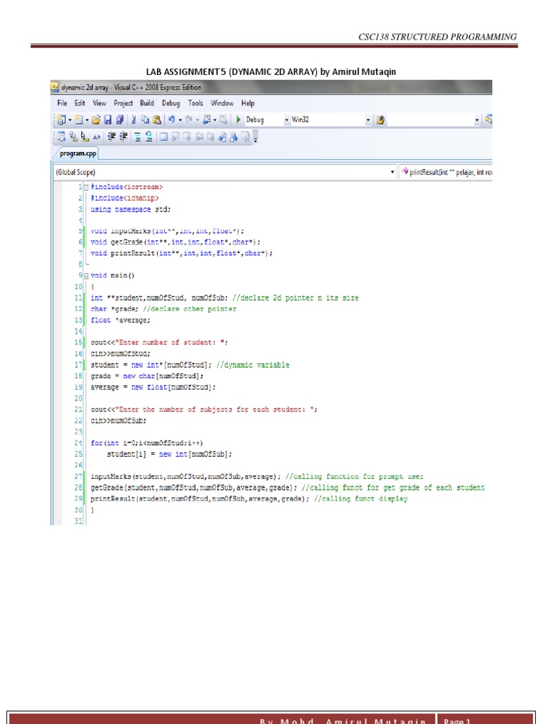 Lab Assignment 5 (Dynamic 2D Array) by Amirul Mutaqin: Csc138 Structured Programming | PDF