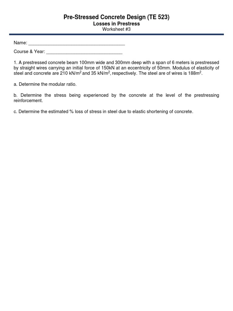 Pre-Stressed Concrete Design (TE 523) : Losses in Prestress | PDF ...