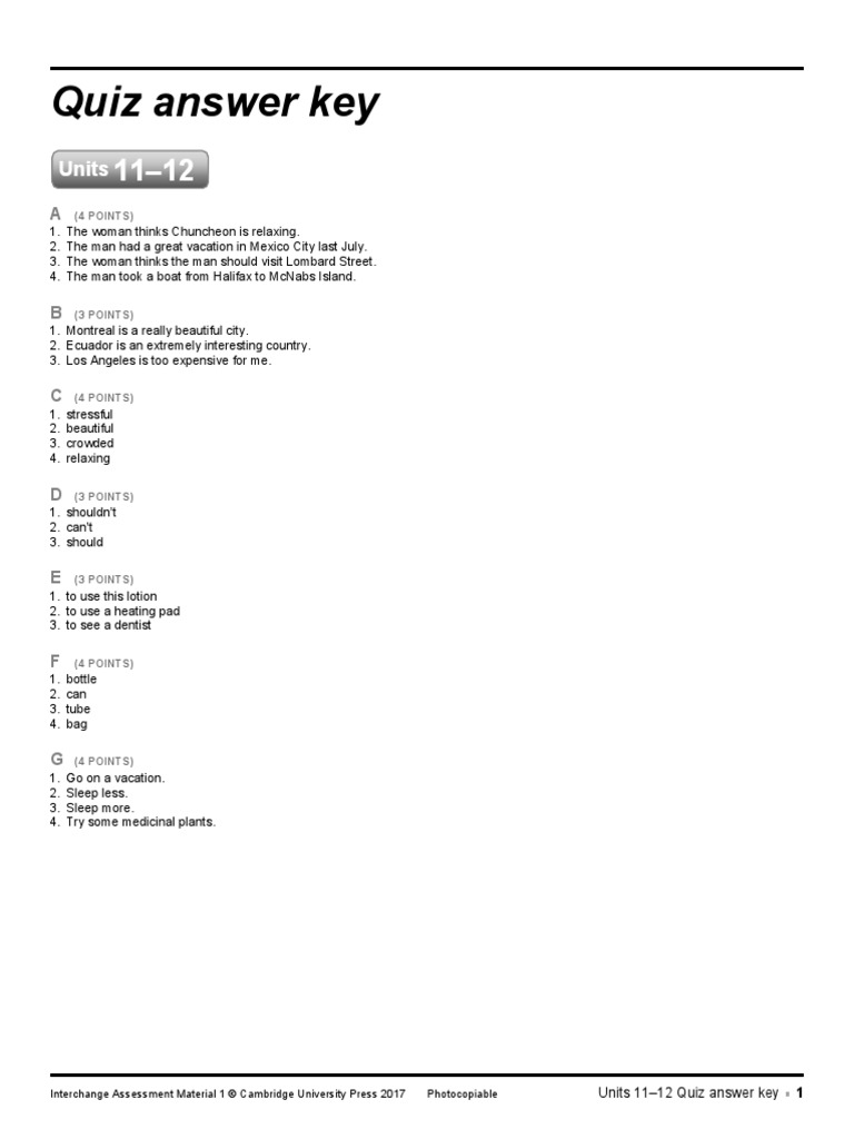 Quiz Answer Key: Units | PDF