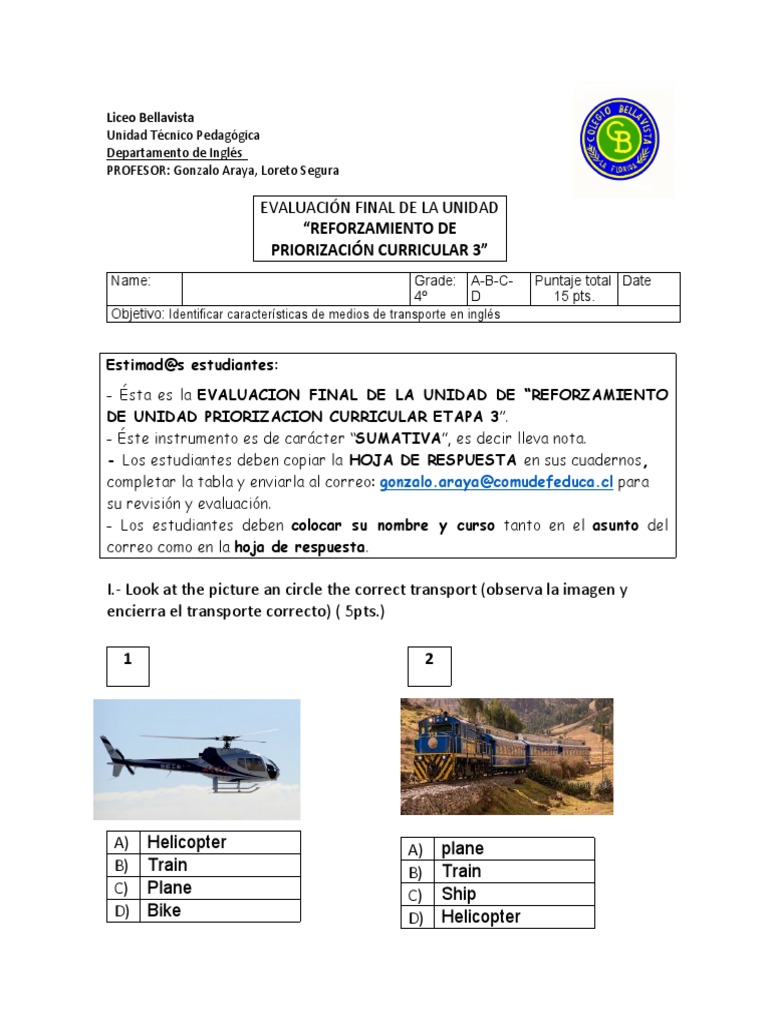 Prueba de Ingles Cuartos Basicos | PDF | Prueba / examen | Business