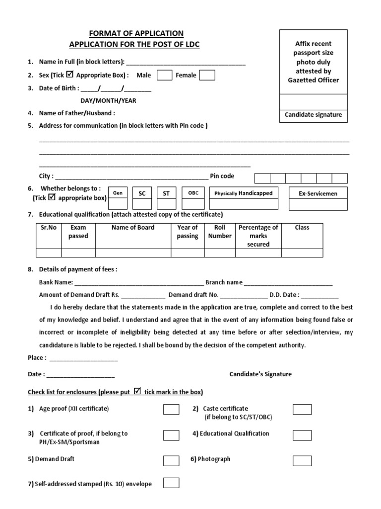 Format of Application Application For The Post of LDC: Affix Recent ...