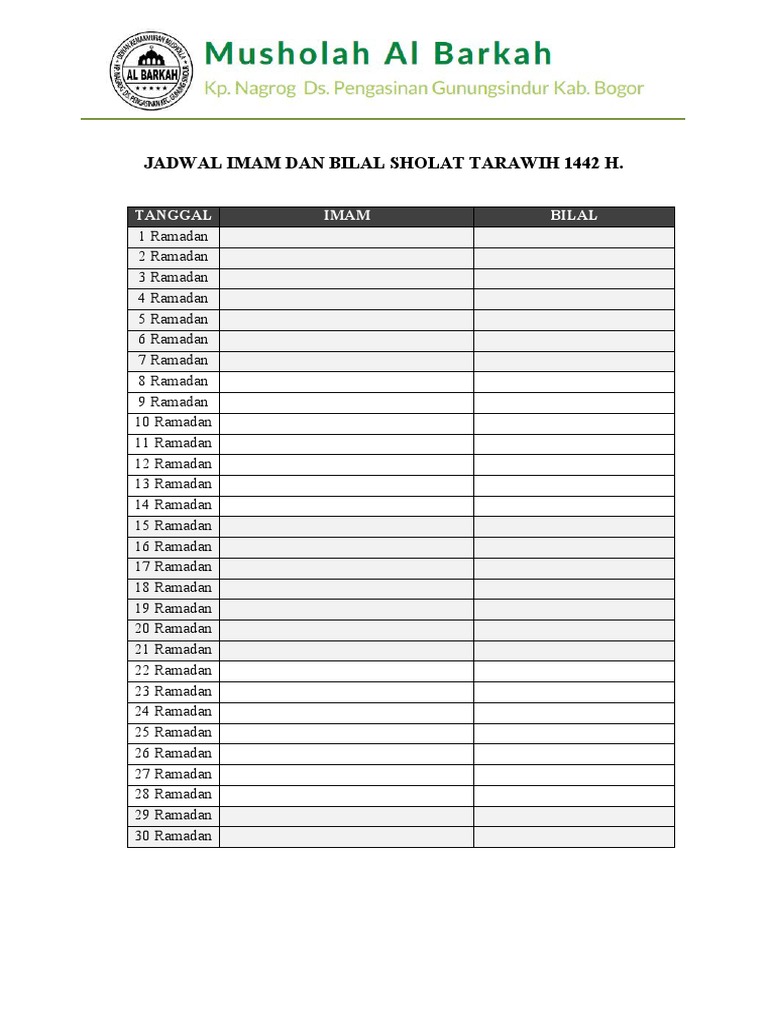 Jadwal Imam Dan Bilal Sholat Tarawih | PDF