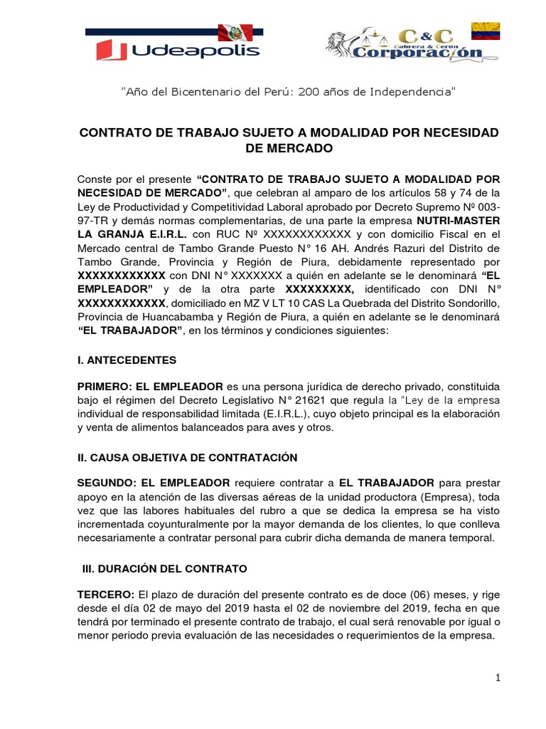 Contrato de Trabajo Sujeto A Modalidad Por Necesidad de Mercado | PDF | Derecho laboral | Tiempo ...