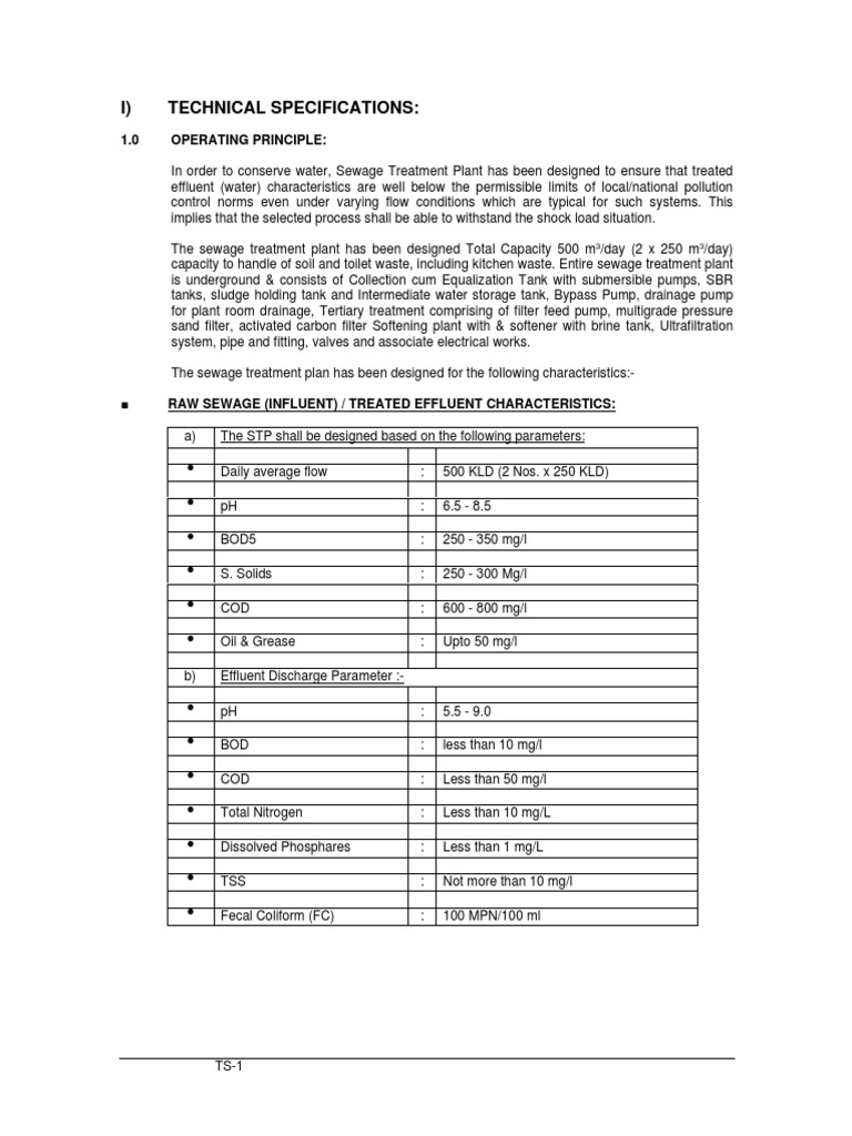 STP-Technical Specifications - 500 KLD SBR | PDF | Sewage Treatment | Pump