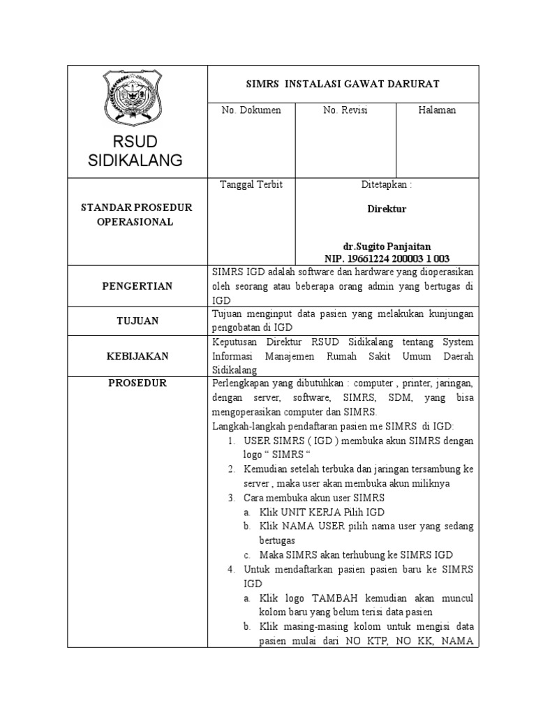 Sop Simrs Igd 1 | PDF