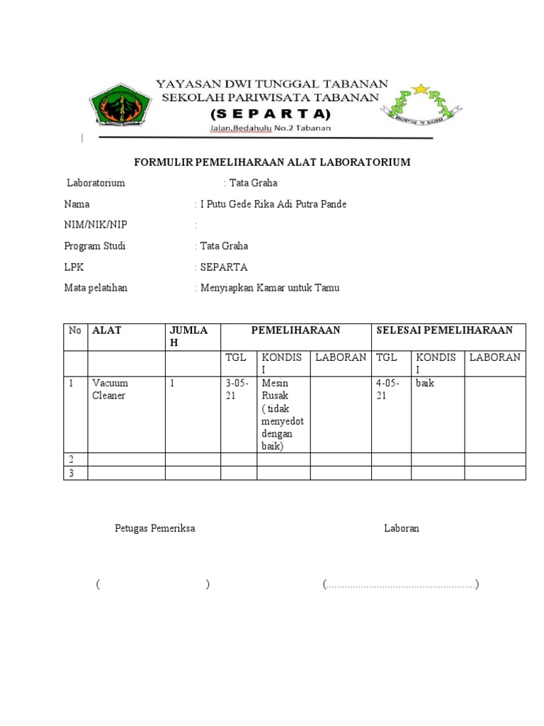 Formulir Pemeliharaan Alat Laboratorium | PDF