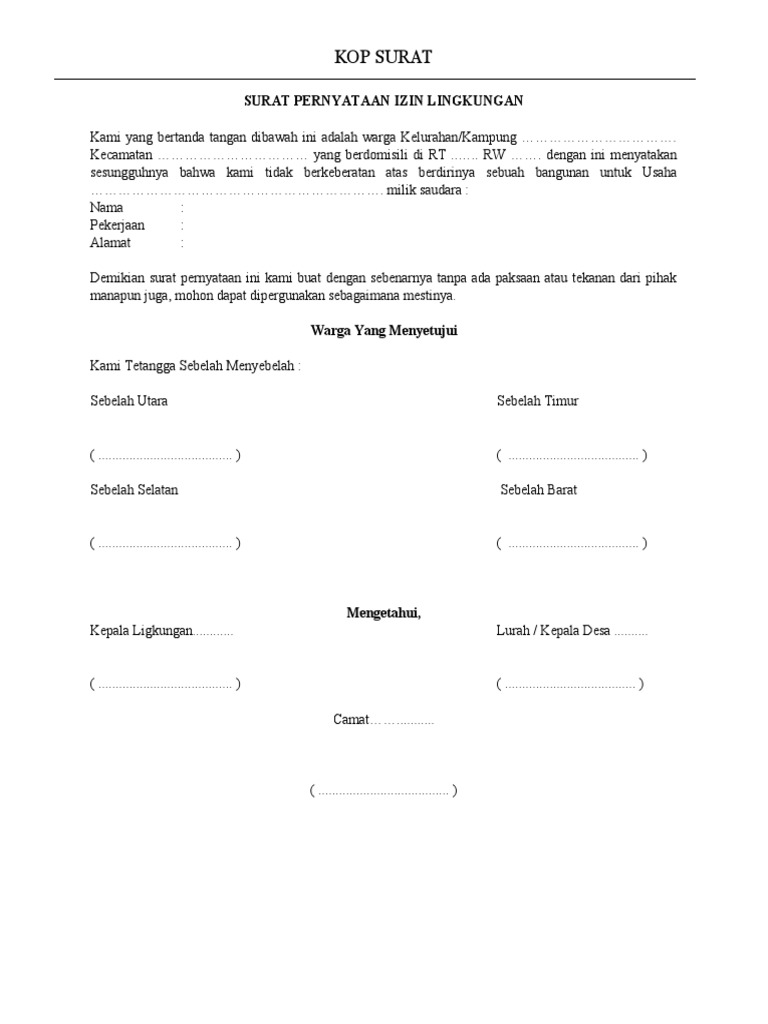 Contoh Format Surat Pernyataan Ijin Lingkungan | PDF