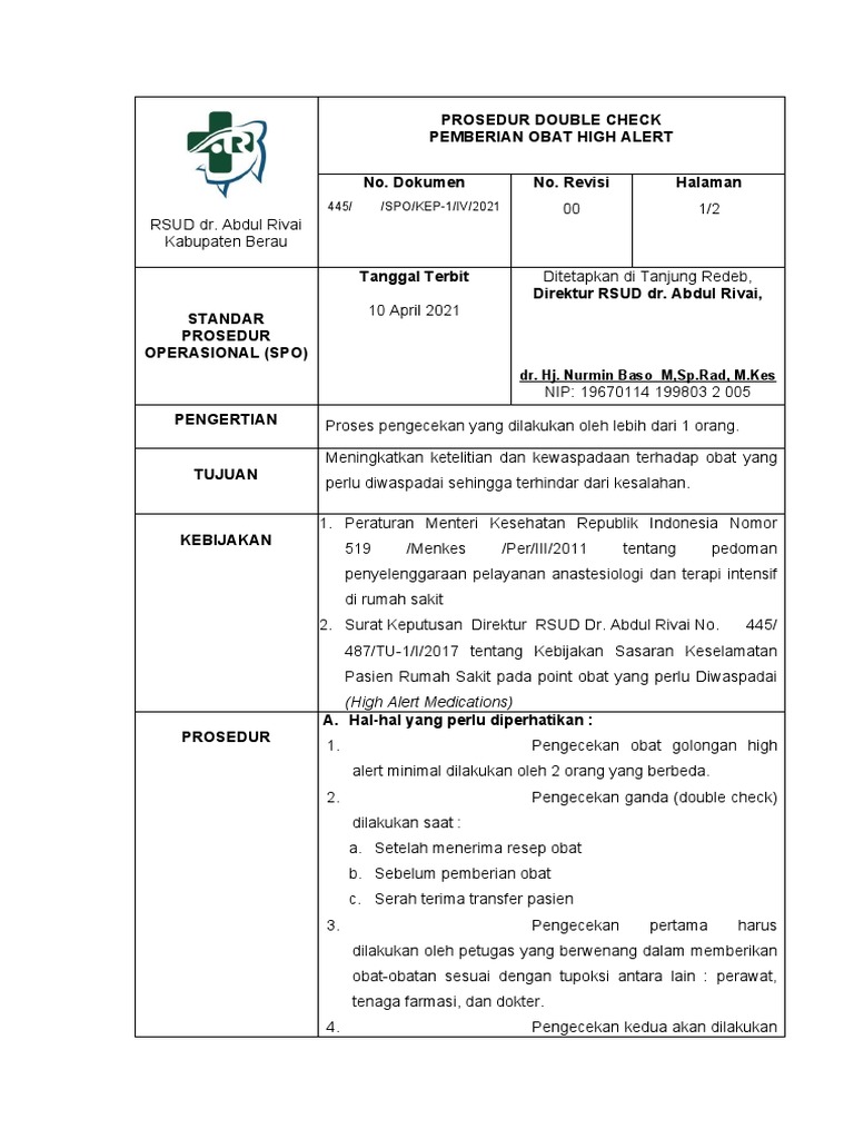 SPO Double Check Pemberian Obat High Alert | PDF