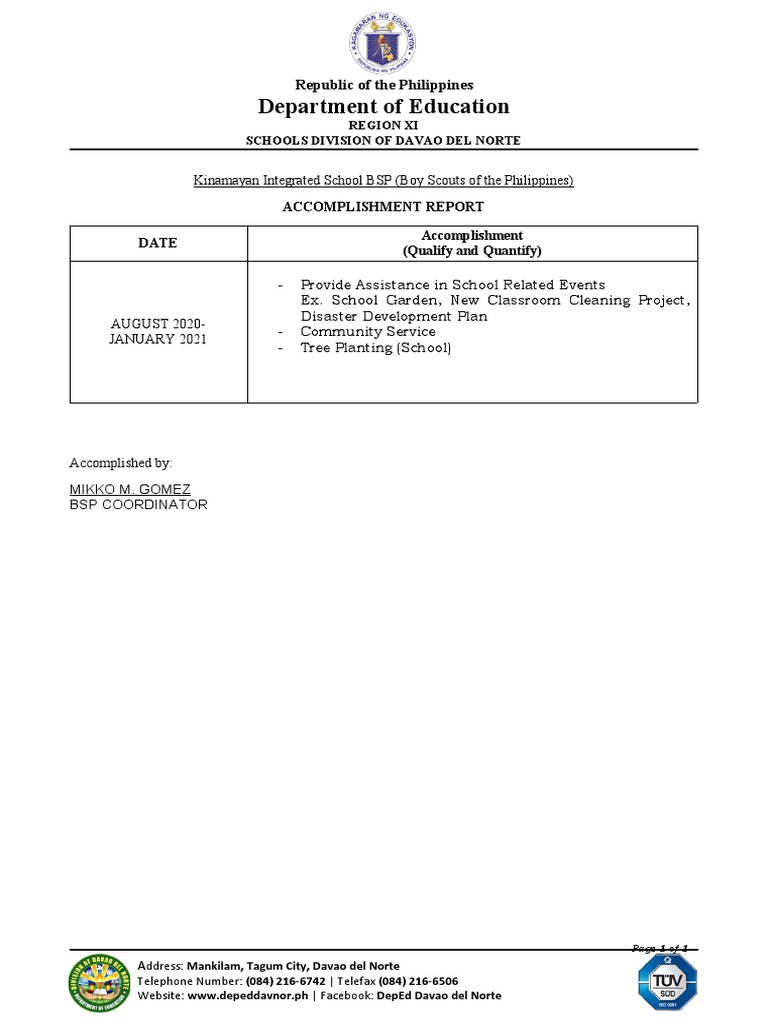 Accomplishment-Report BSP 2021 | PDF