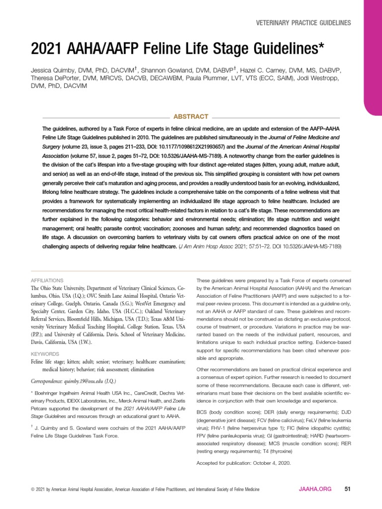 2021 AAHA AAFP Feline Life Stage Guidelines | PDF | Cats | End Of Life Care