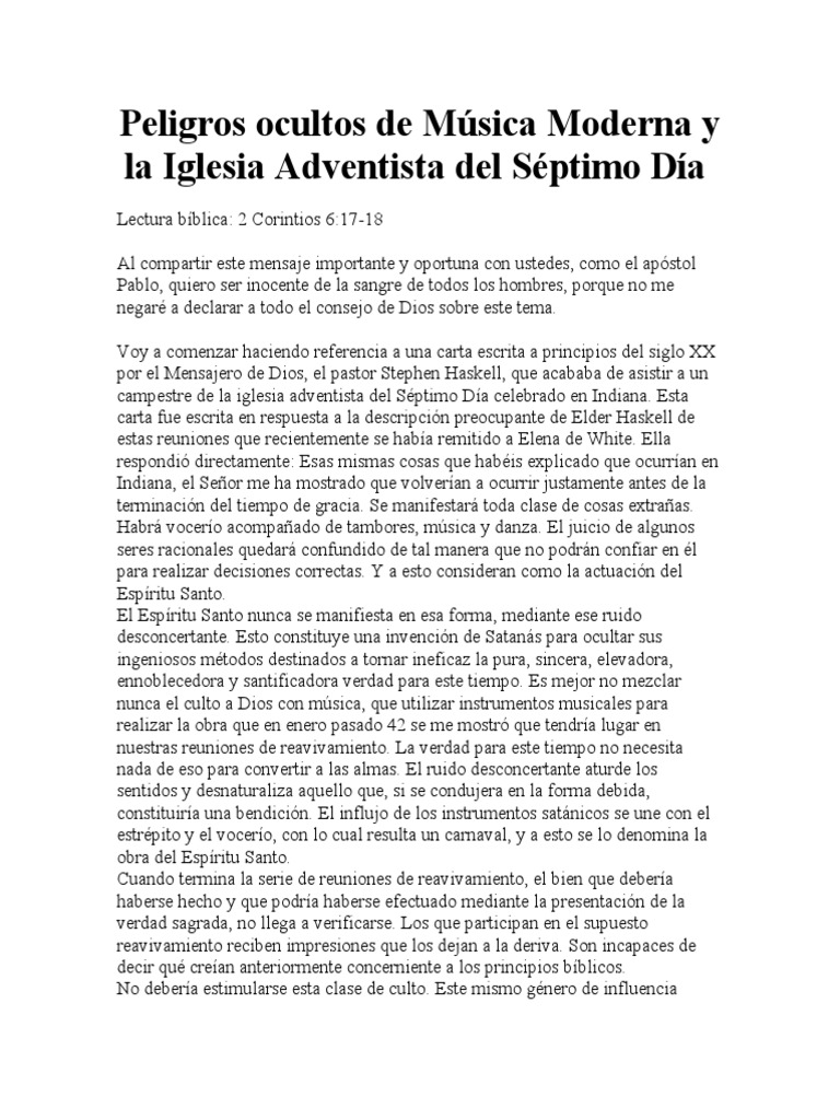 Peligros de La Musica Moderna | PDF | Iglesia Adventista del Séptimo ...