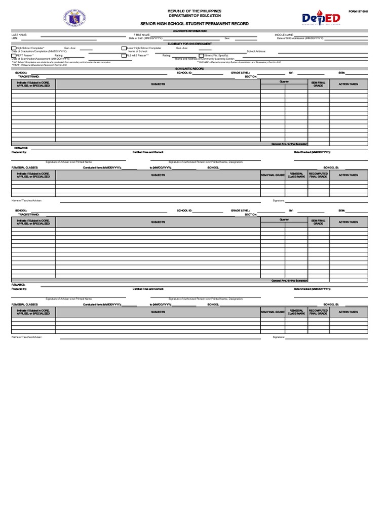 SHS Form 137 Template (PHILIPPINES) | PDF | Schools | Science