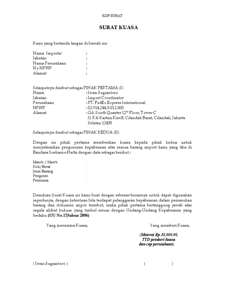 Surat Kuasa PIB FedEx Single - at SQ | PDF | Pengelolaan Keuangan & Uang