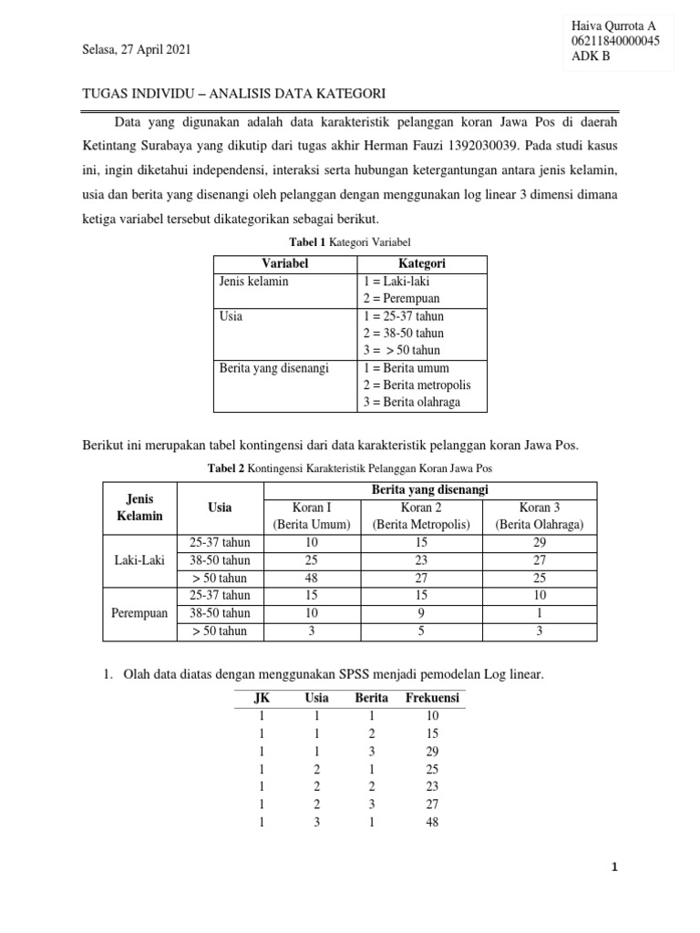 ADK B - Tugas Individu Model Log Linear 3 Dimensi | PDF