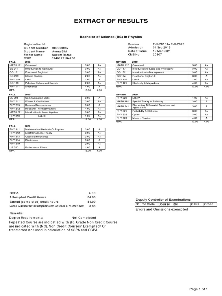 BS in Physics Student Transcript | PDF | Course Credit | Teaching ...