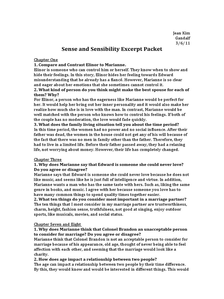 Sense and Sensibility Analysis Guide | PDF | Elinor Dashwood | Sense ...