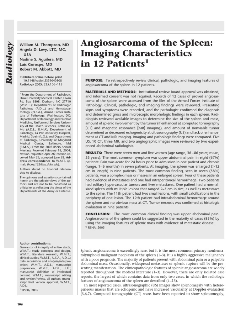 Angiosarcoma of The Spleen: Imaging Characteristics in 12 Patients ...