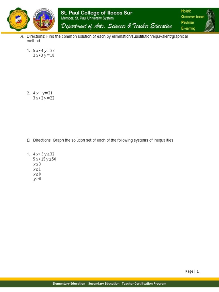 Review On Systems On Linear Equation and Inequalities | PDF