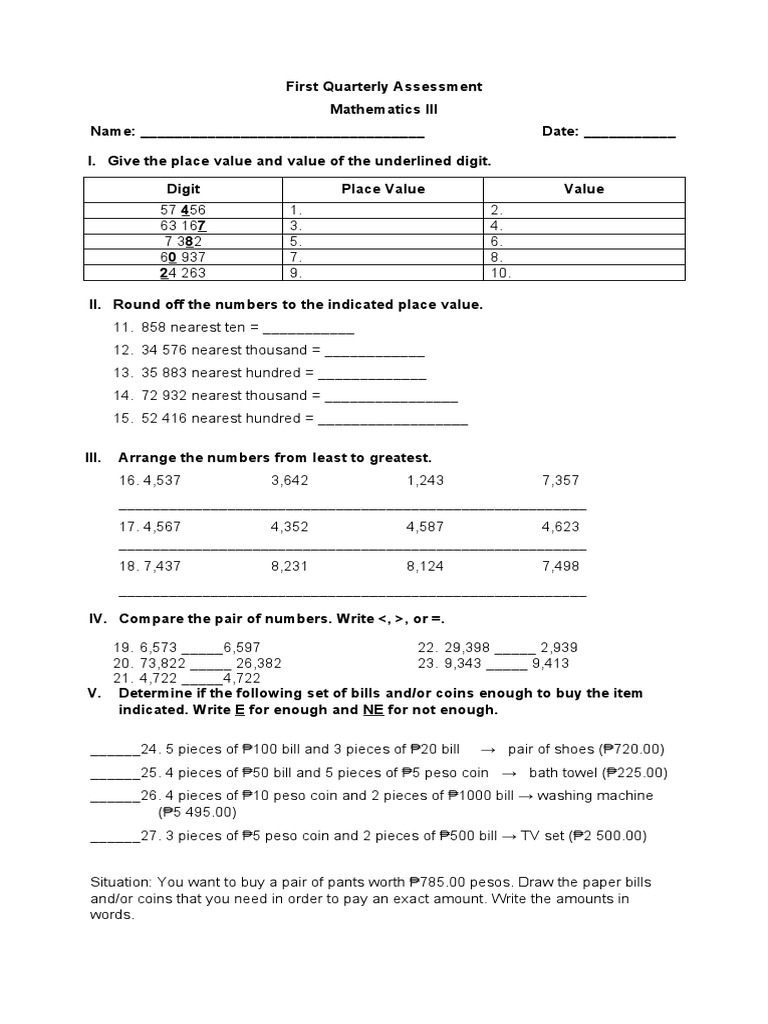 MATH-3 1st Quarter Test 2 | PDF | Teaching Mathematics