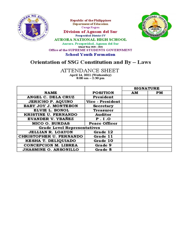 Orientation of SSG Constitution and by - Laws: Attendance Sheet | PDF