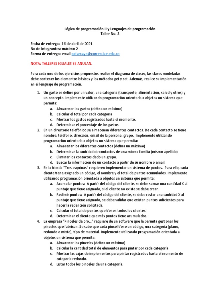 Taller 2. POO | PDF | Objeto (informática) | Programación orientada a ...