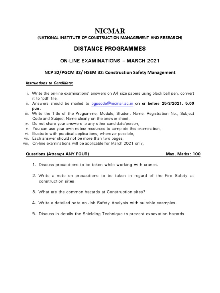 NICMAR Online Exam: Construction Safety Management | PDF