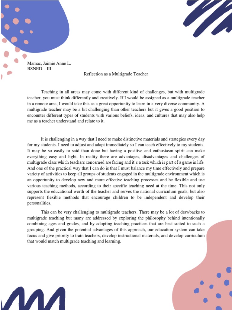 Reflection: As A Multigrade Teacher | PDF