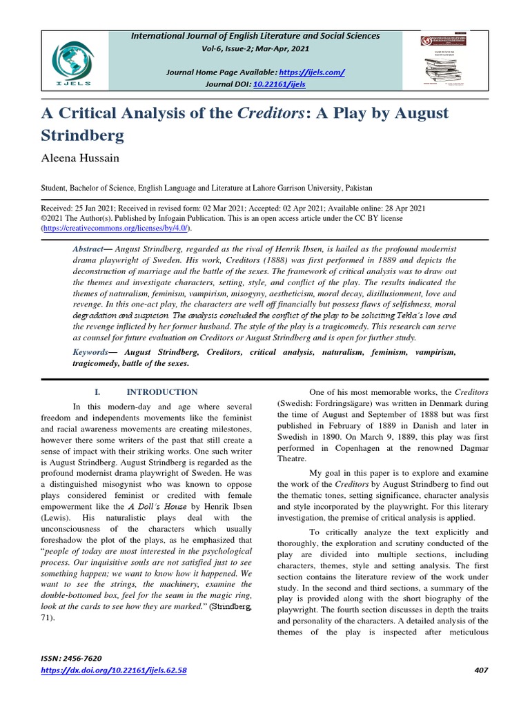 A Critical Analysis of The Creditors: A Play by August Strindberg | PDF | Philosophy