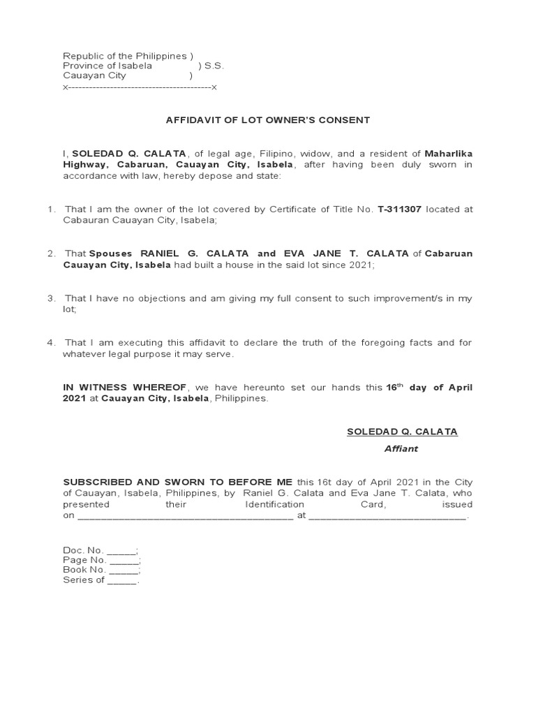 Affidavit of Lot Owner's Consent | PDF