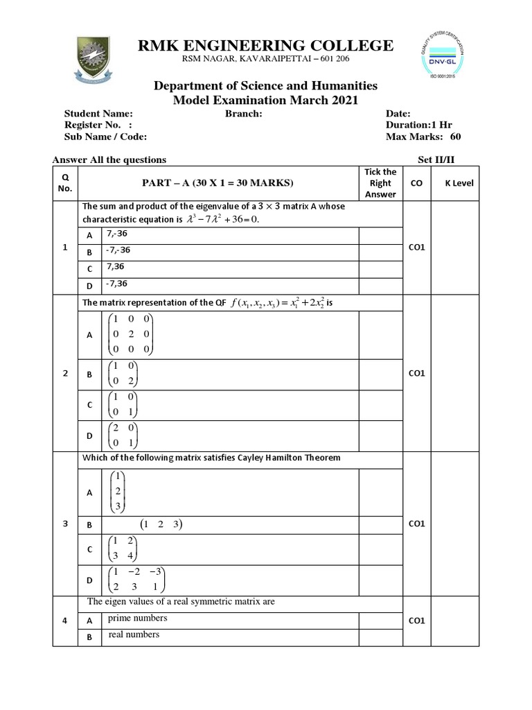 20MA101 Set 2 | PDF | Curvature | Matrix (Mathematics)