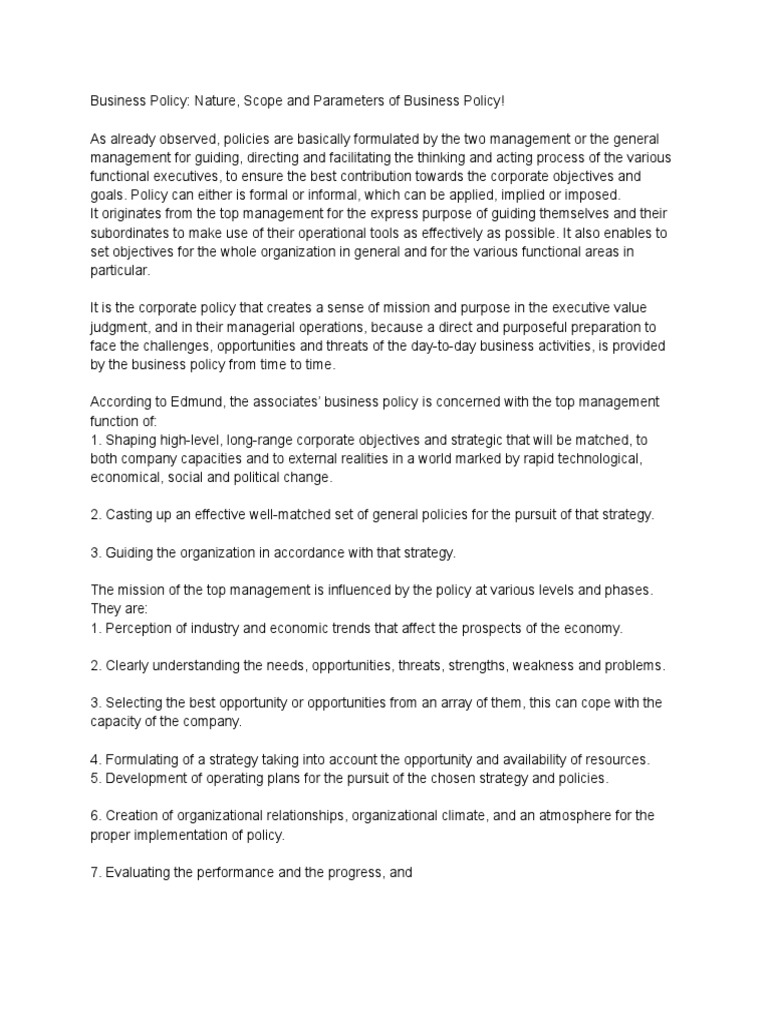 Business Policy: Scope and Strategy Insights | PDF | Policy | Goal