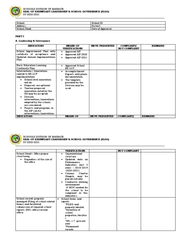Seal of Exemplary Leadership & School Governance (Elsg) | PDF | Hand ...