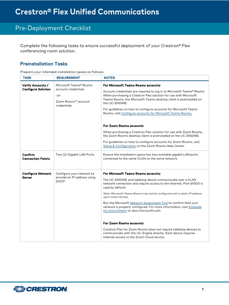 Crestron® Flex Unified Communications: Pre-Deployment Checklist | PDF ...