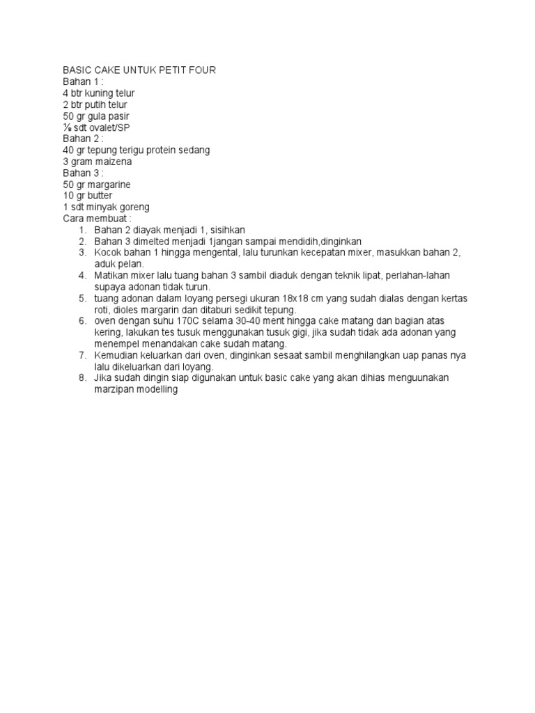 Resep Basic Cake Untuk Petit Four | PDF | Memasak, Makanan, & Anggur ...
