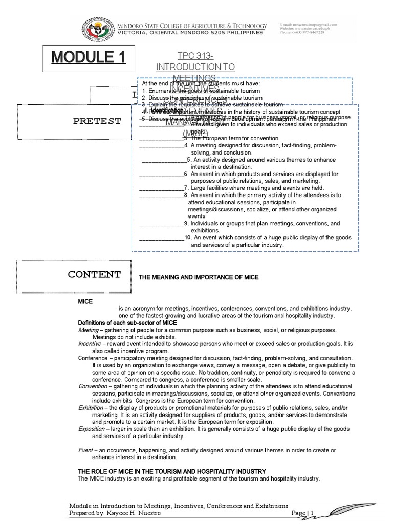 Learning Outcomes Pretest: Content | PDF | Tourism | Hotel